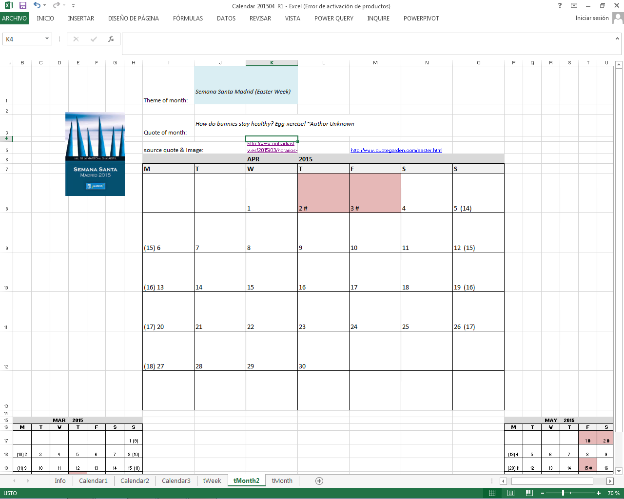Excel examples for your work, sports and more.: Month-calendar for ...