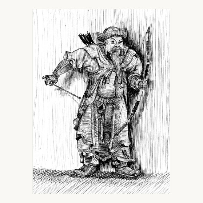 Japanese Archer - ink contour line drawing - Art Mechanism