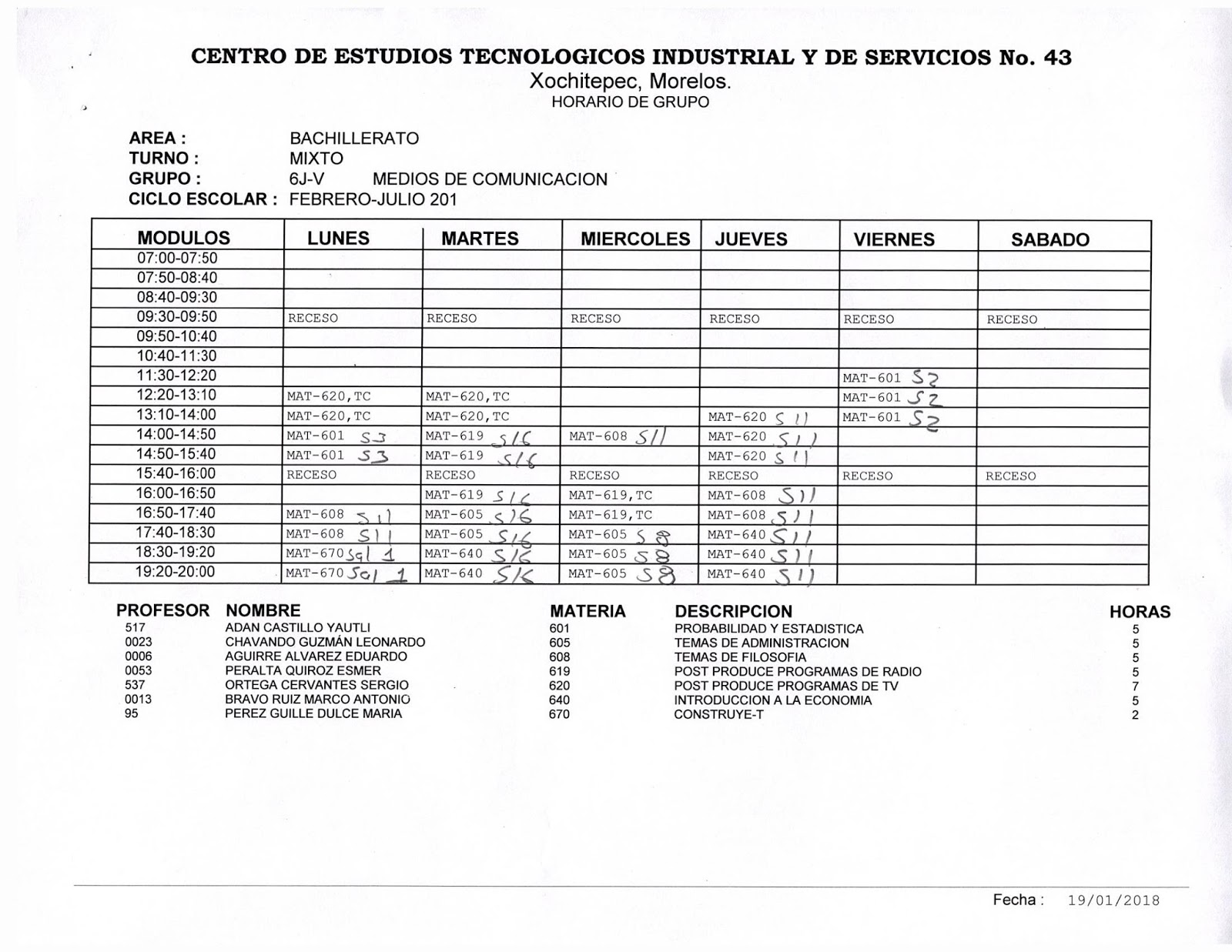 CETis 43 : HORARIOS 6TO SEMESTRE