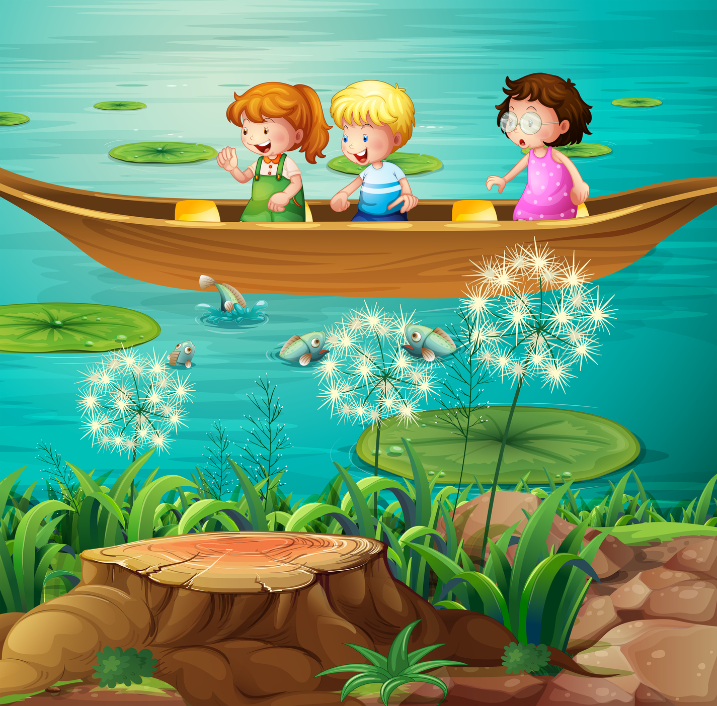 Unique Wallpaper: Ilustración infantil de niños paseando en el lago