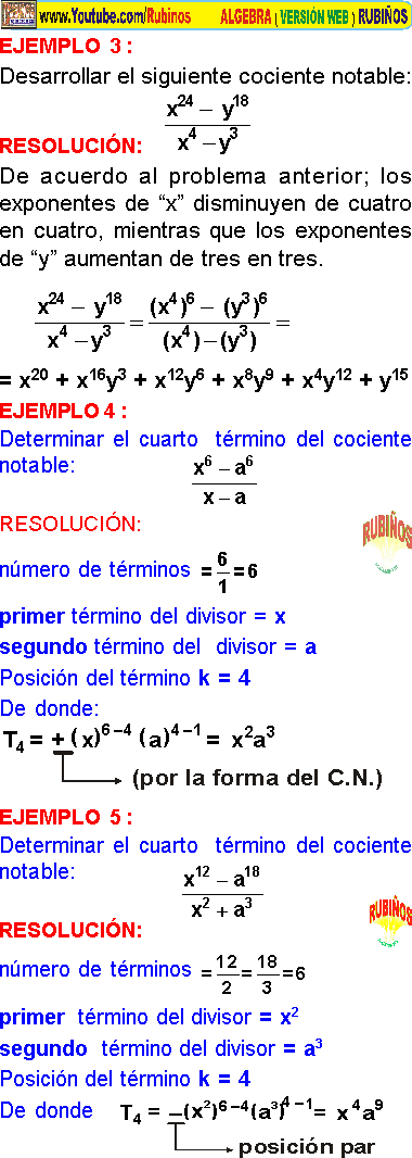 COCIENTES NOTABLES FÓRMULAS Y EJEMPLOS RESUELTOS