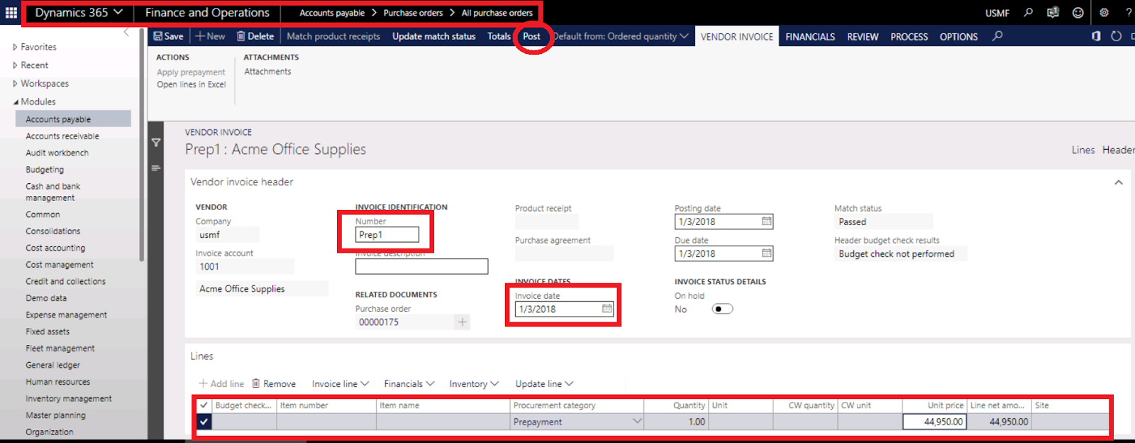 How to create vendor prepayment in Dynamics 365?