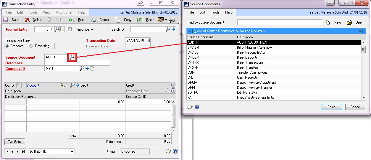 Preparing Audit Adjustment using Source Document in Dynamics GP