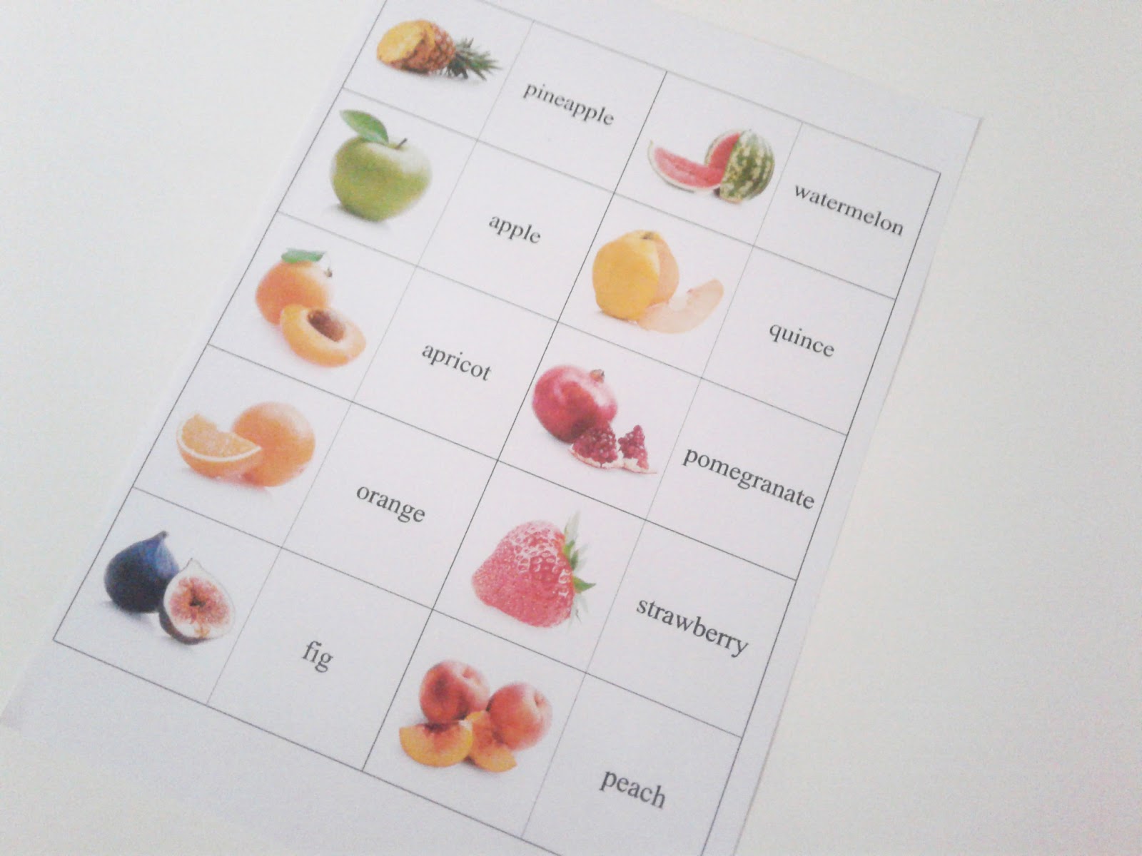 printables: match fruits with names - flash card - printable PDF