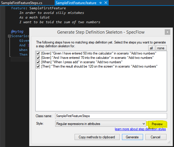 C# Visual Studio - SpecFlow Step Definition file | Automation Home