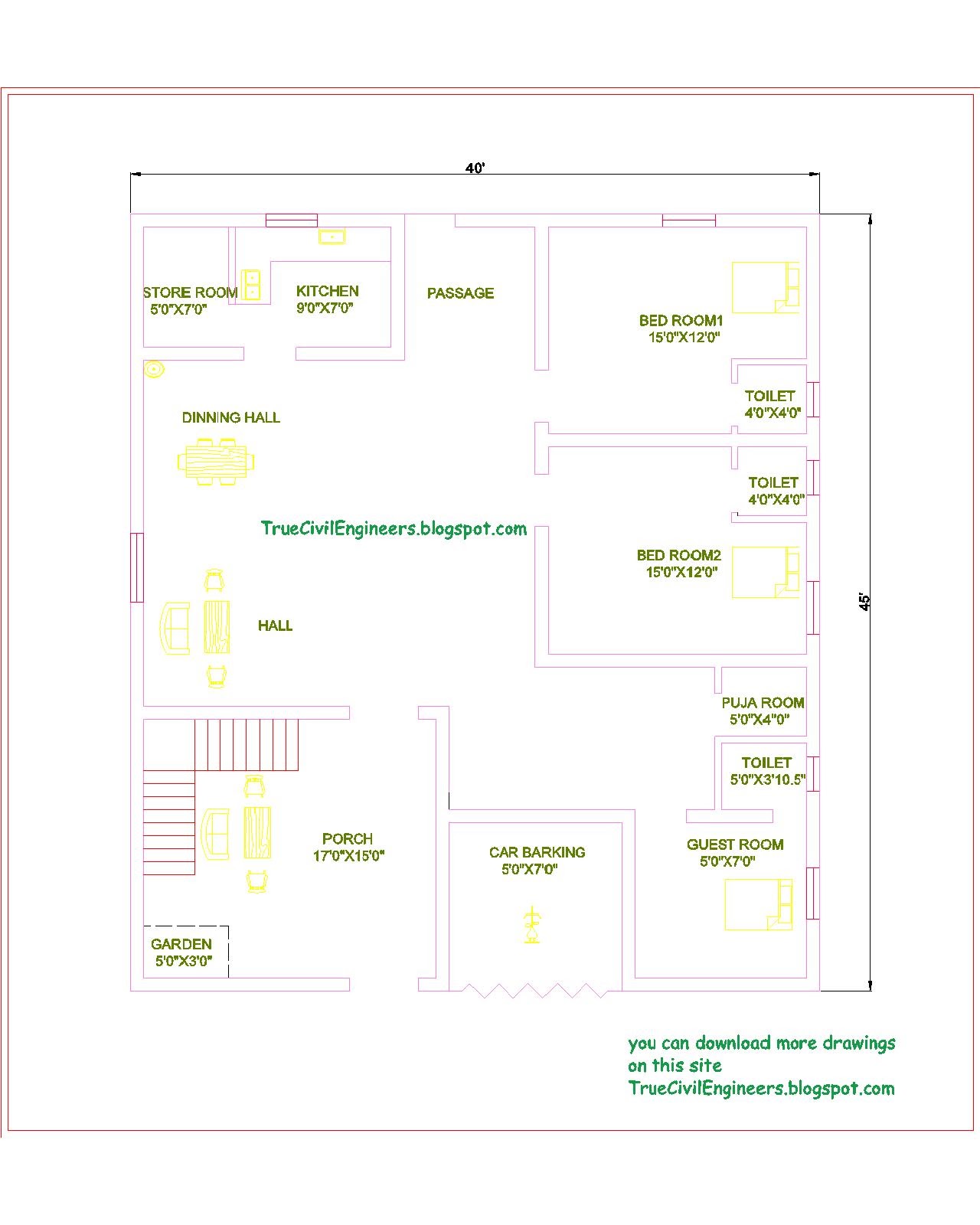3BHK residential building line plan with DWG file