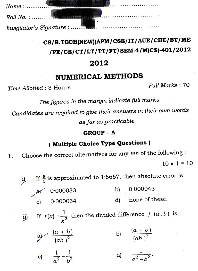 B.Tech CSE: WBUT, Numerical Methods, 4th Semester 2012 Question Papers ...