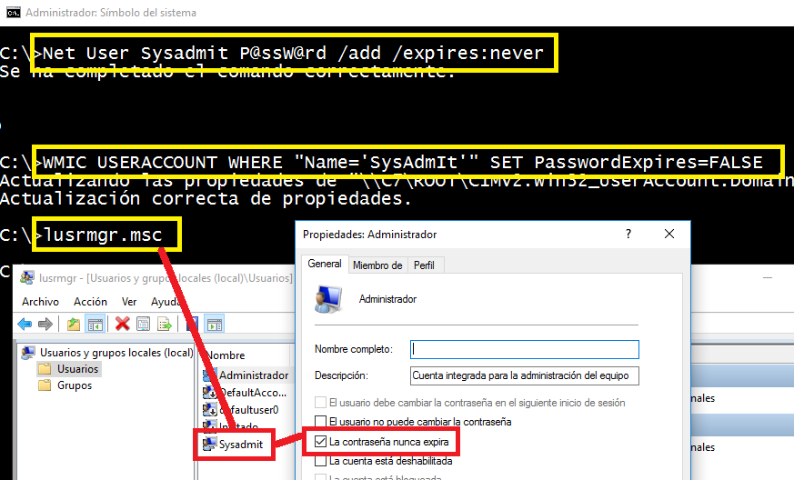 Windows: net user contraseña nunca expira | SYSADMIT