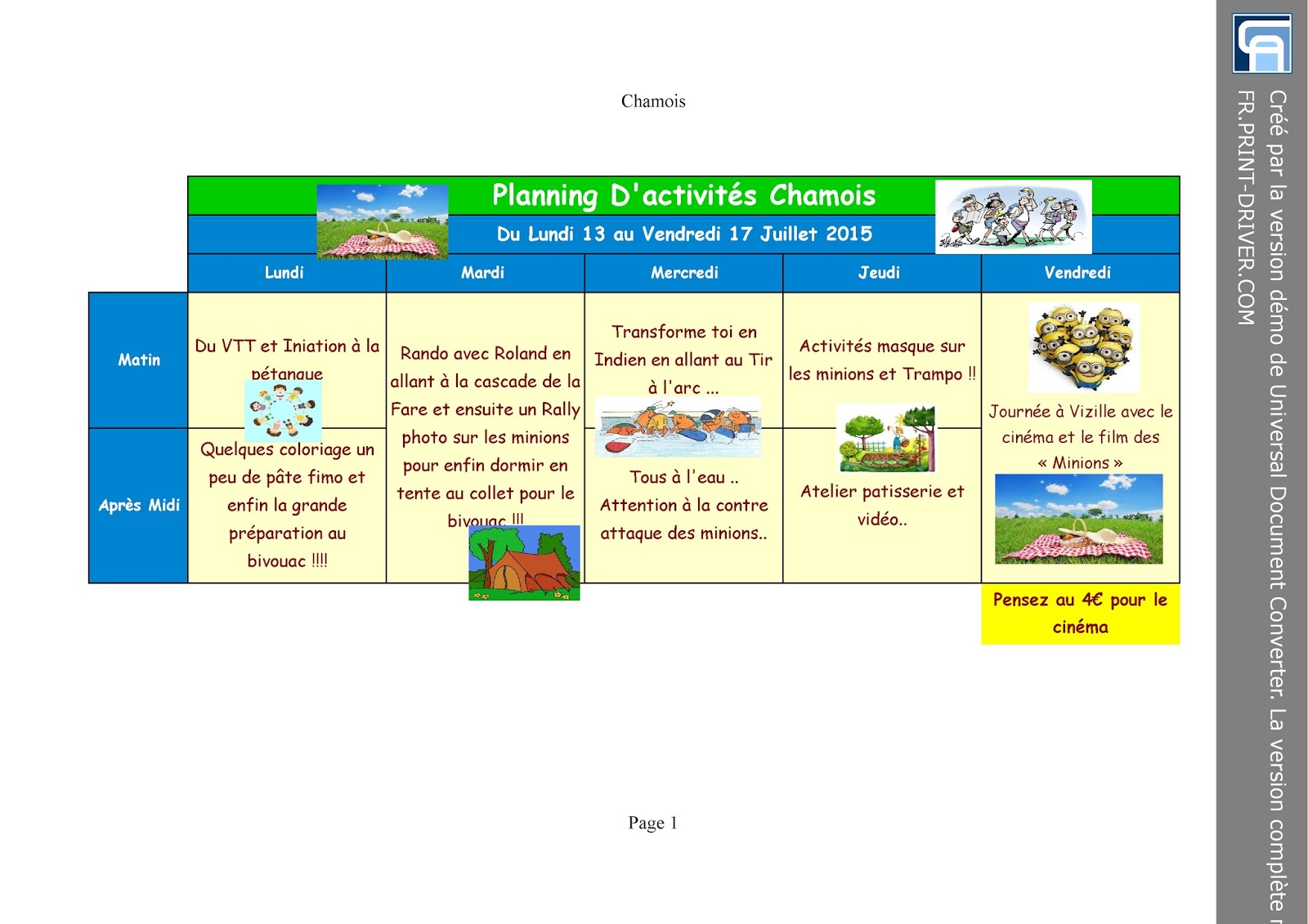 Pôle Enfance Vaujany: PLANNING D'ACTIVITE du 13 au 17 juillet 2015