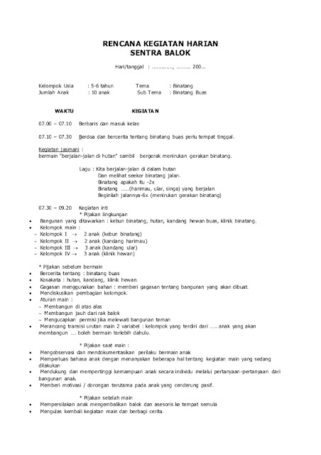 CONTOH RKH RENCANA KEGIATAN HARIAN PEMBUKA SENTRA | Manajemen PAUD