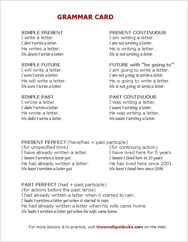 the small guide site's blog of English lessons: Free grammar cards!