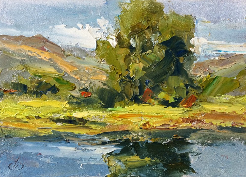 TOM BROWN FINE ART: TREES, LAKE, PLEIN AIR FIELD STUDY by TOM BROWN