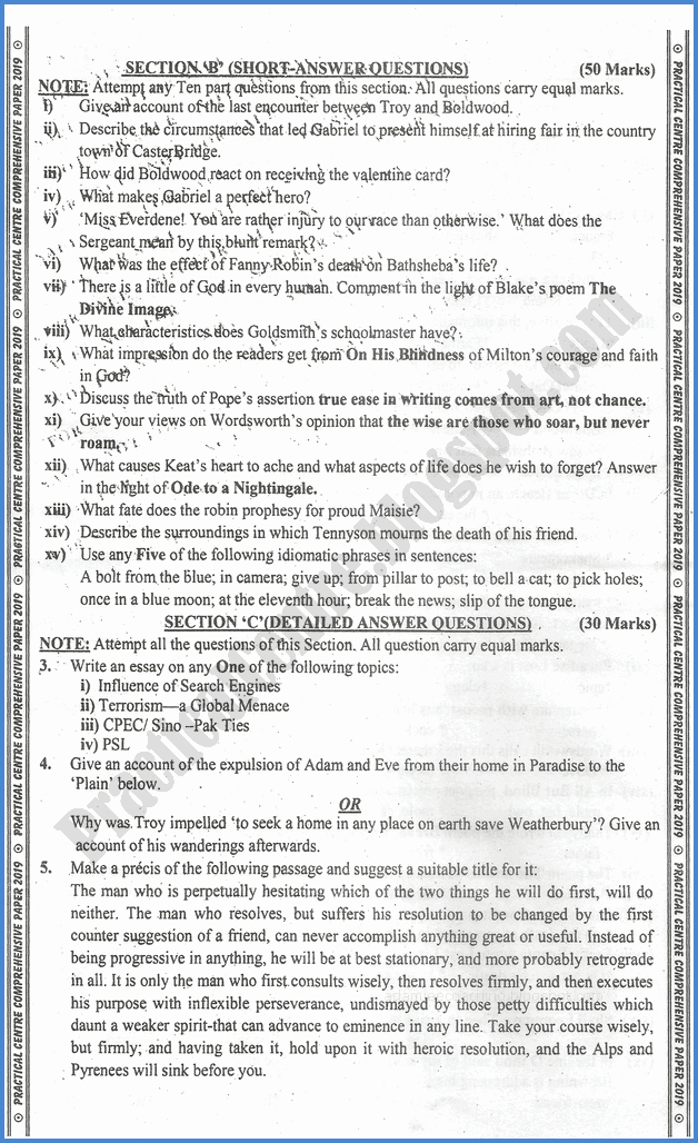 Adamjee Coaching: English 12th - Practical Centre Guess Paper 2019