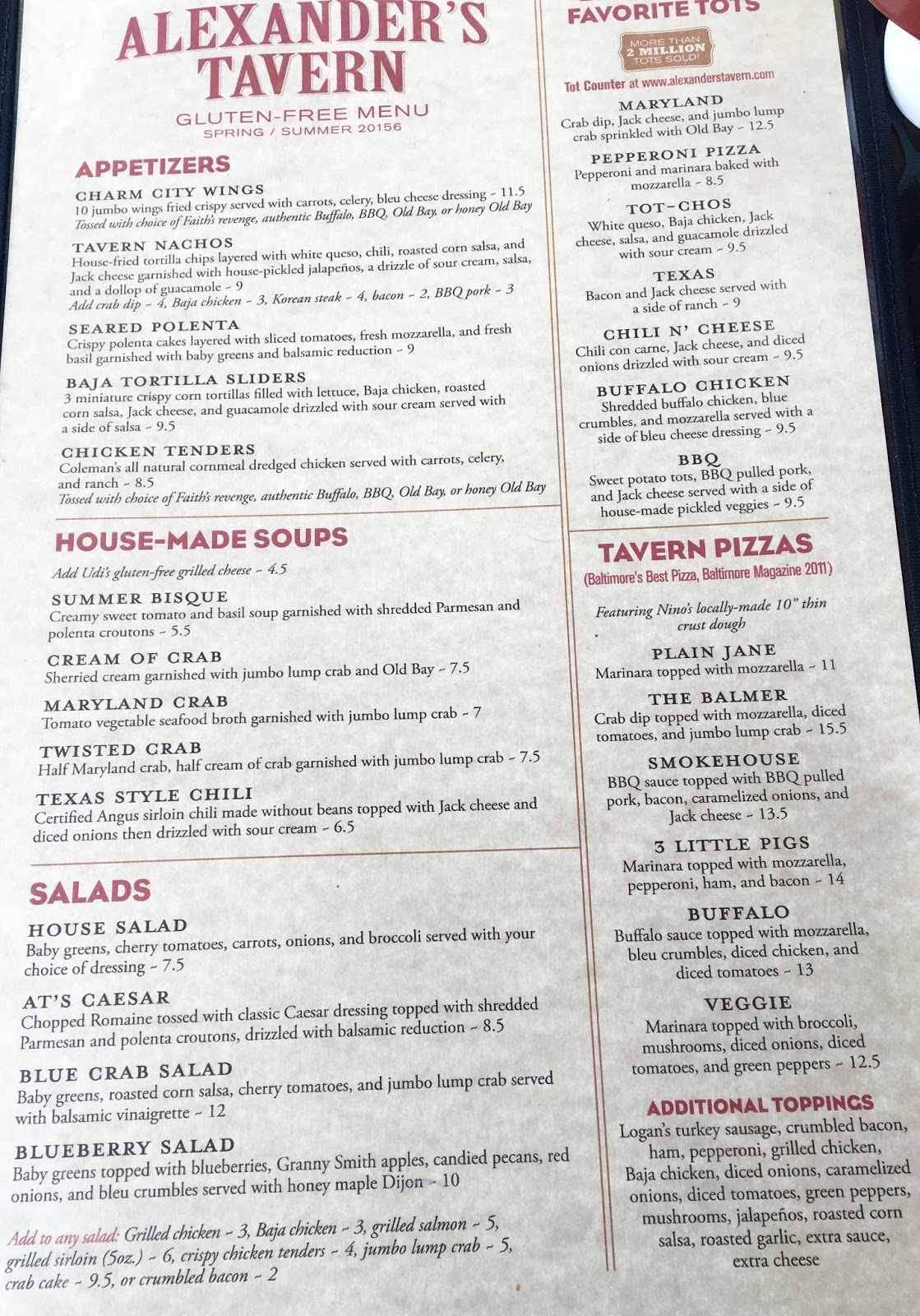 The Gluten & Dairy-Free Review Blog: Alexander's Tavern Gluten-Free Menu