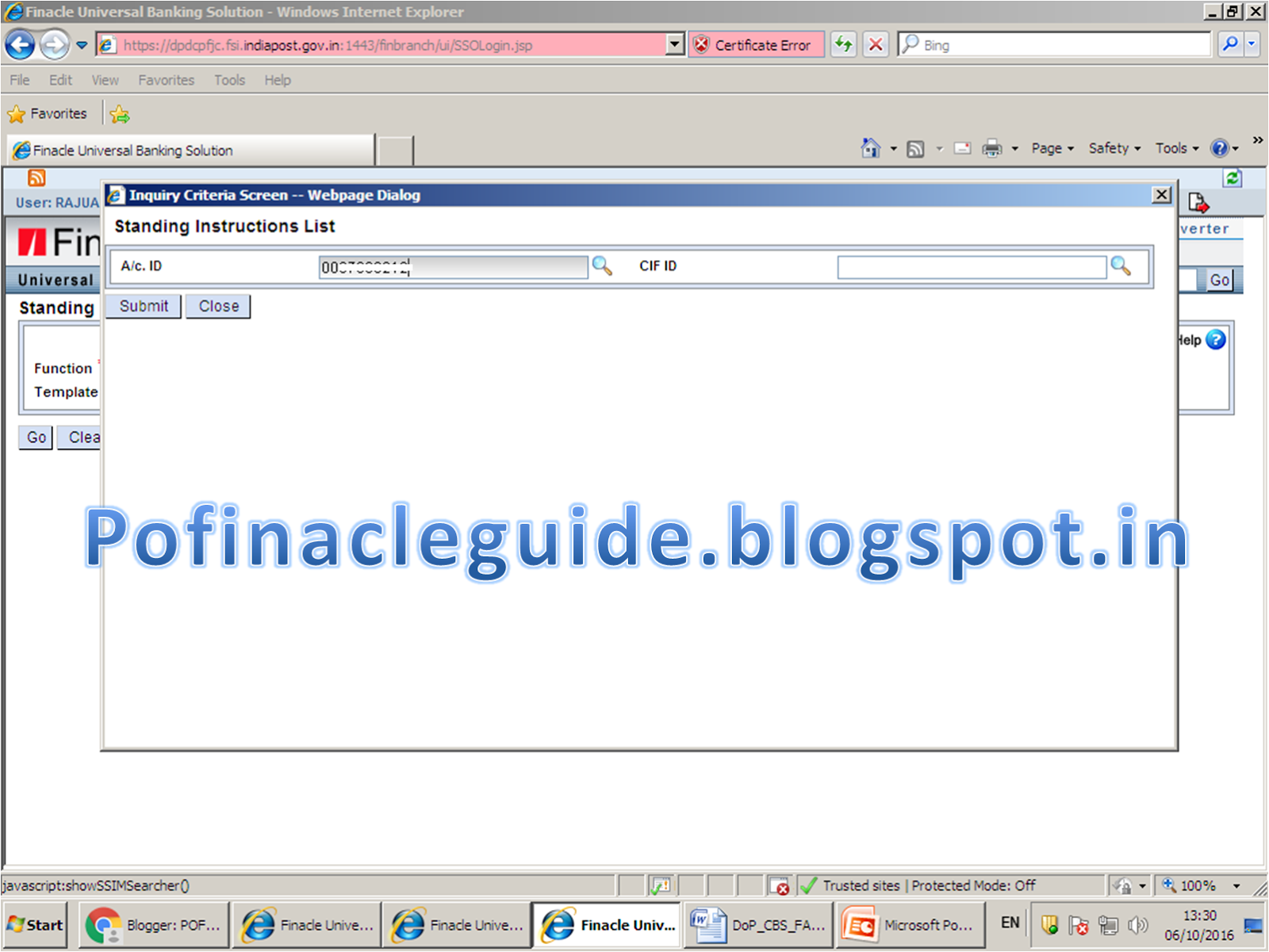 Procedure to inquire standing instruction number for RD account in DOP ...