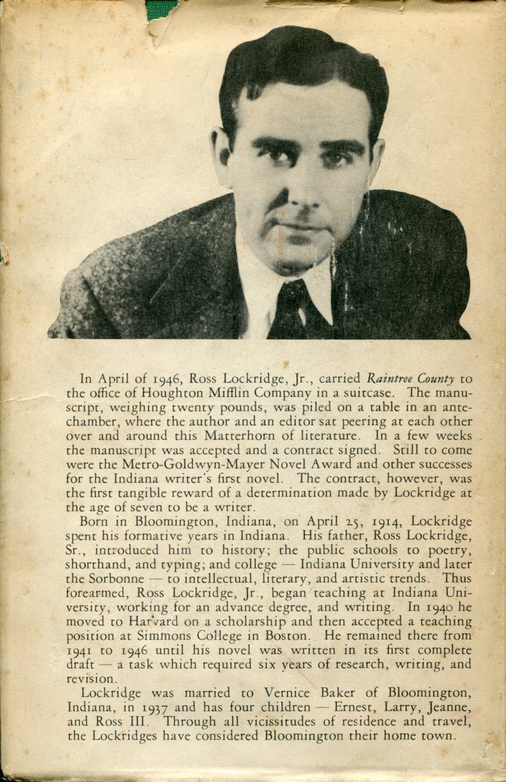 Book Jacket Bios: Ross Lockridge, Jr. (1914-1948)