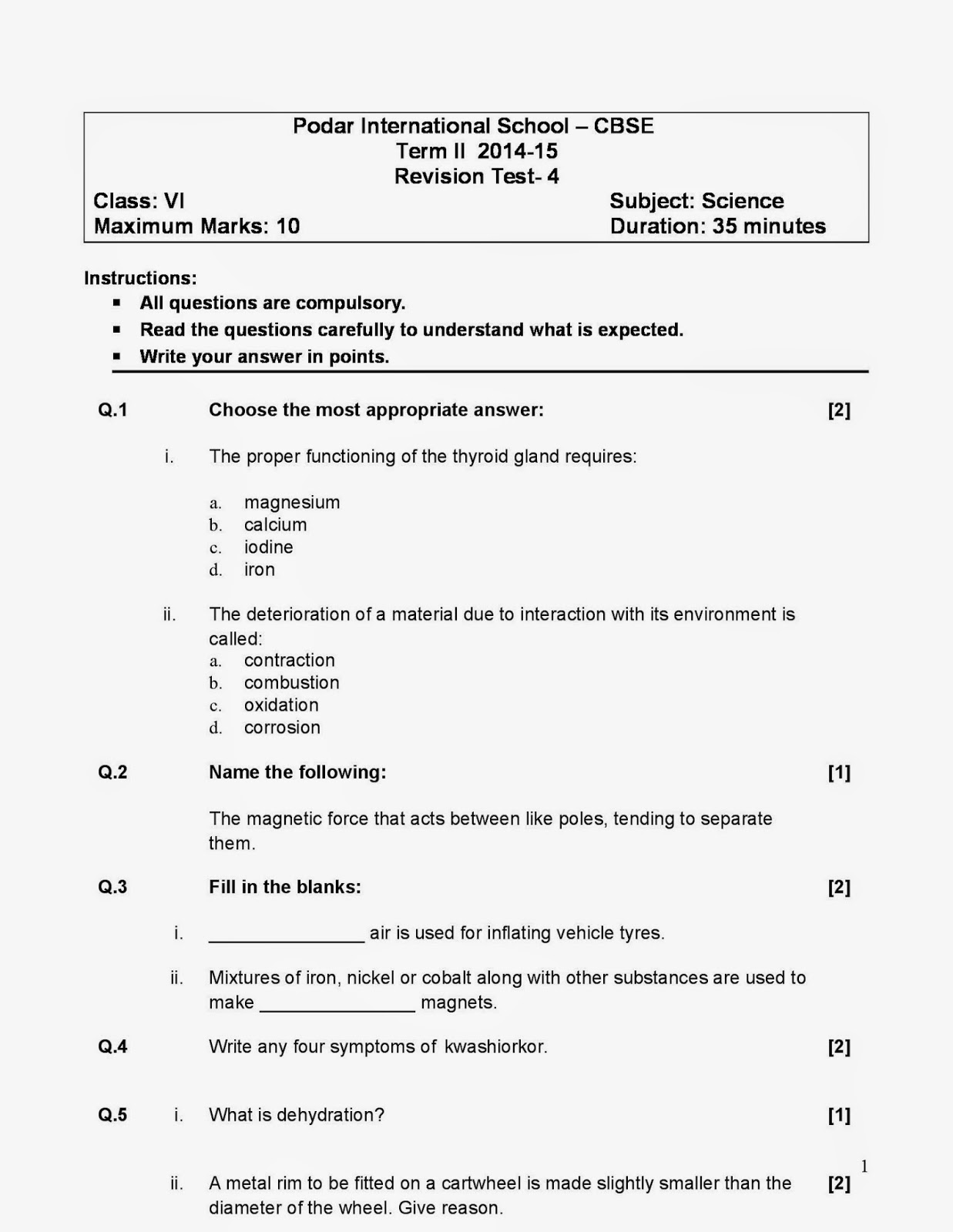 STARS OF PIS AHMEDABAD STD VI: REV TEST FOR CYCLE TEST -4 SCIENCE