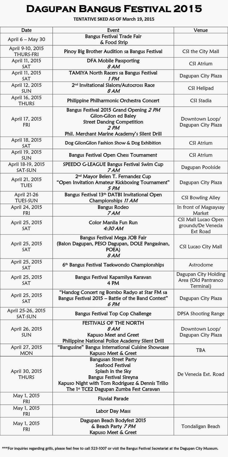 Byahero: Bangus Festival 2015 Schedule of Activities