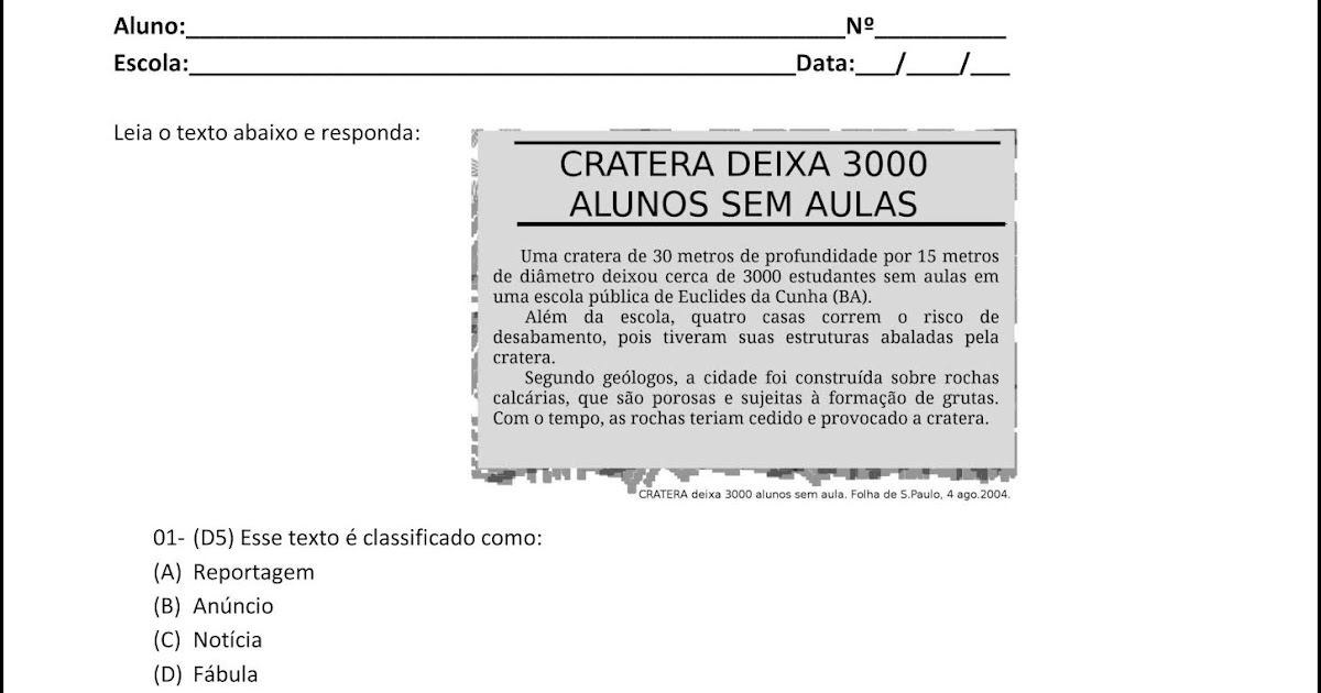 Atividade Sobre Genero Textual Noticia - BINKEDU