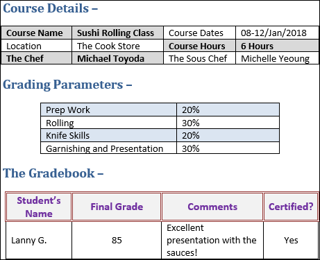 Editable Gradebook Template