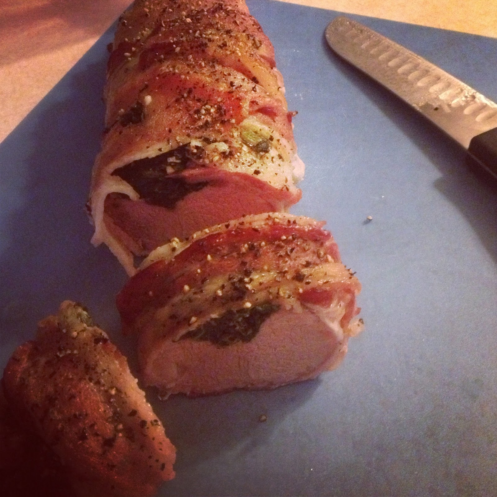 Spoons Full of Almond Butter: Spinach Stuffed and Bacon Wrapped Pork Loin