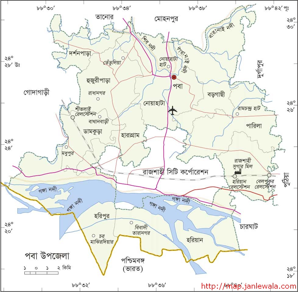 পবা উপজেলা মানচিত্র, রাজশাহী জেলা, বাংলাদেশ
