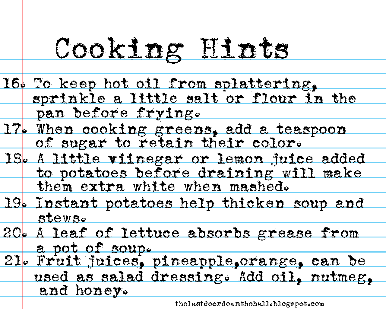 the last door down the hall: Cooking Hints 16-21