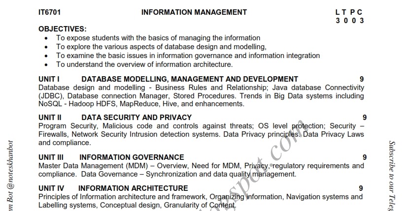 IT6701 INFORMATION MANAGEMENT Syllabus Semester VII IT BTECH Anna ...