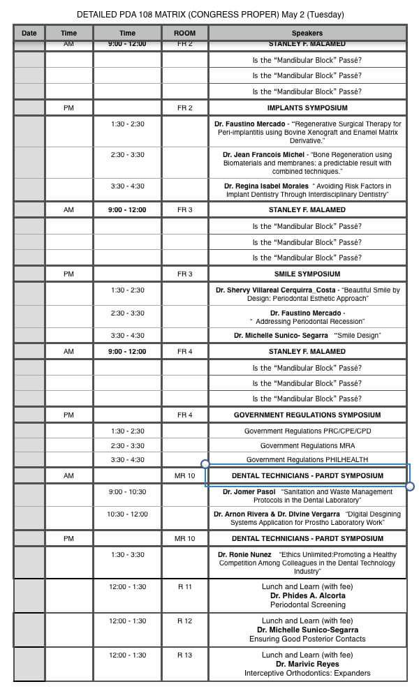 108th PDA Convention Schedule Matrix ~ Pinoydental