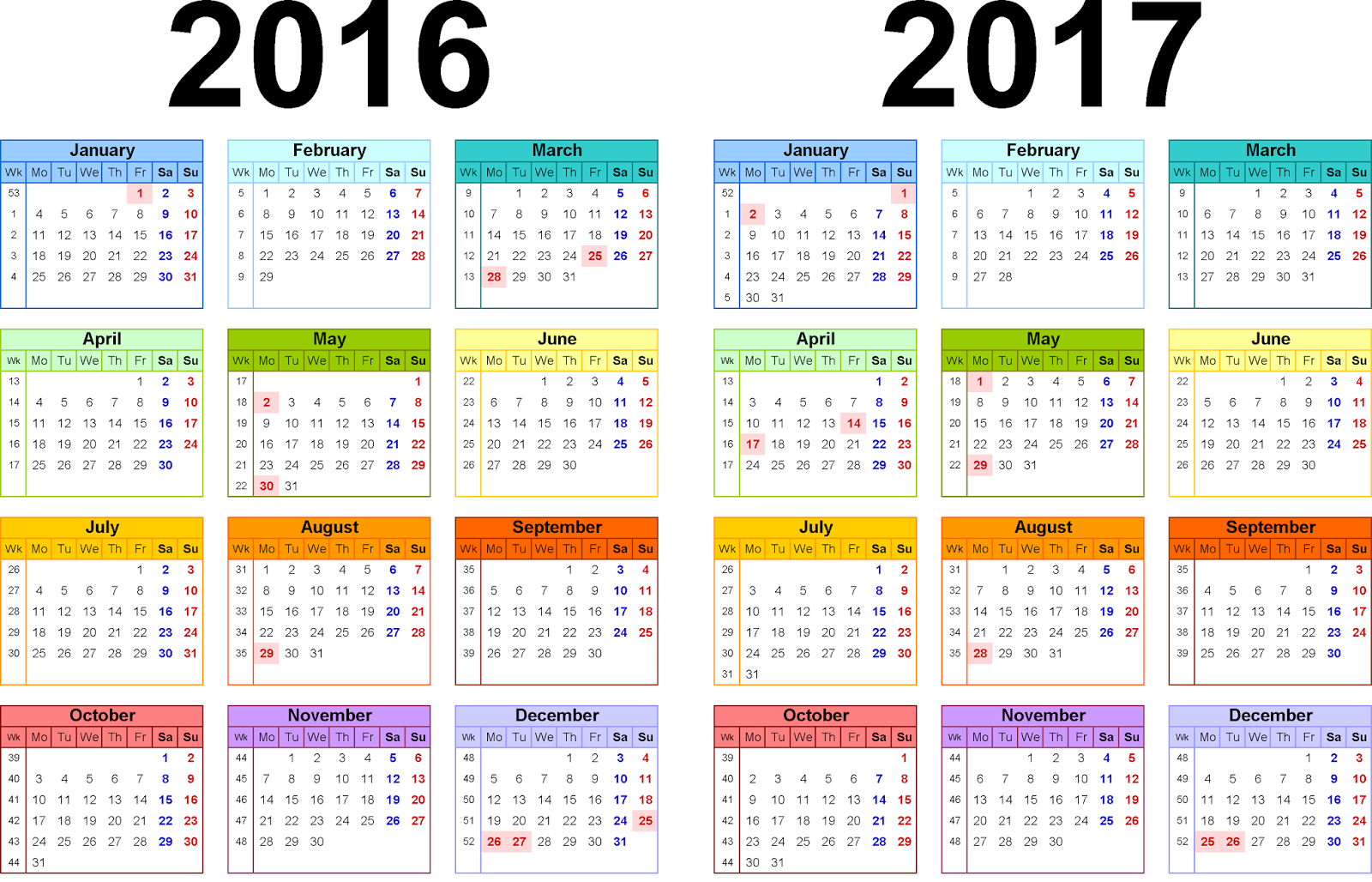 2016 Year Calendar Printable