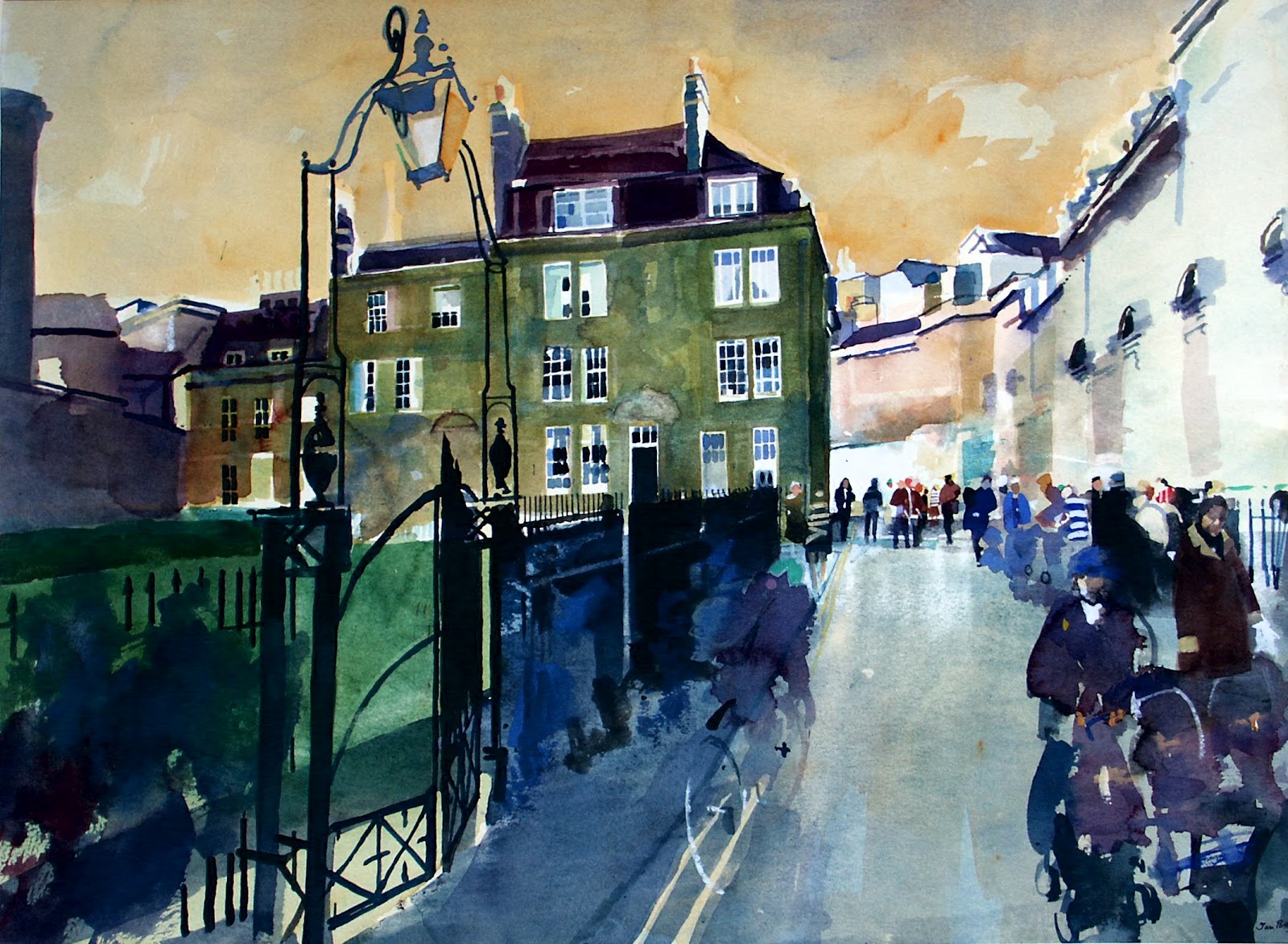 Ian Potts Artist: City of Bath, a cyclist streaming through crowds