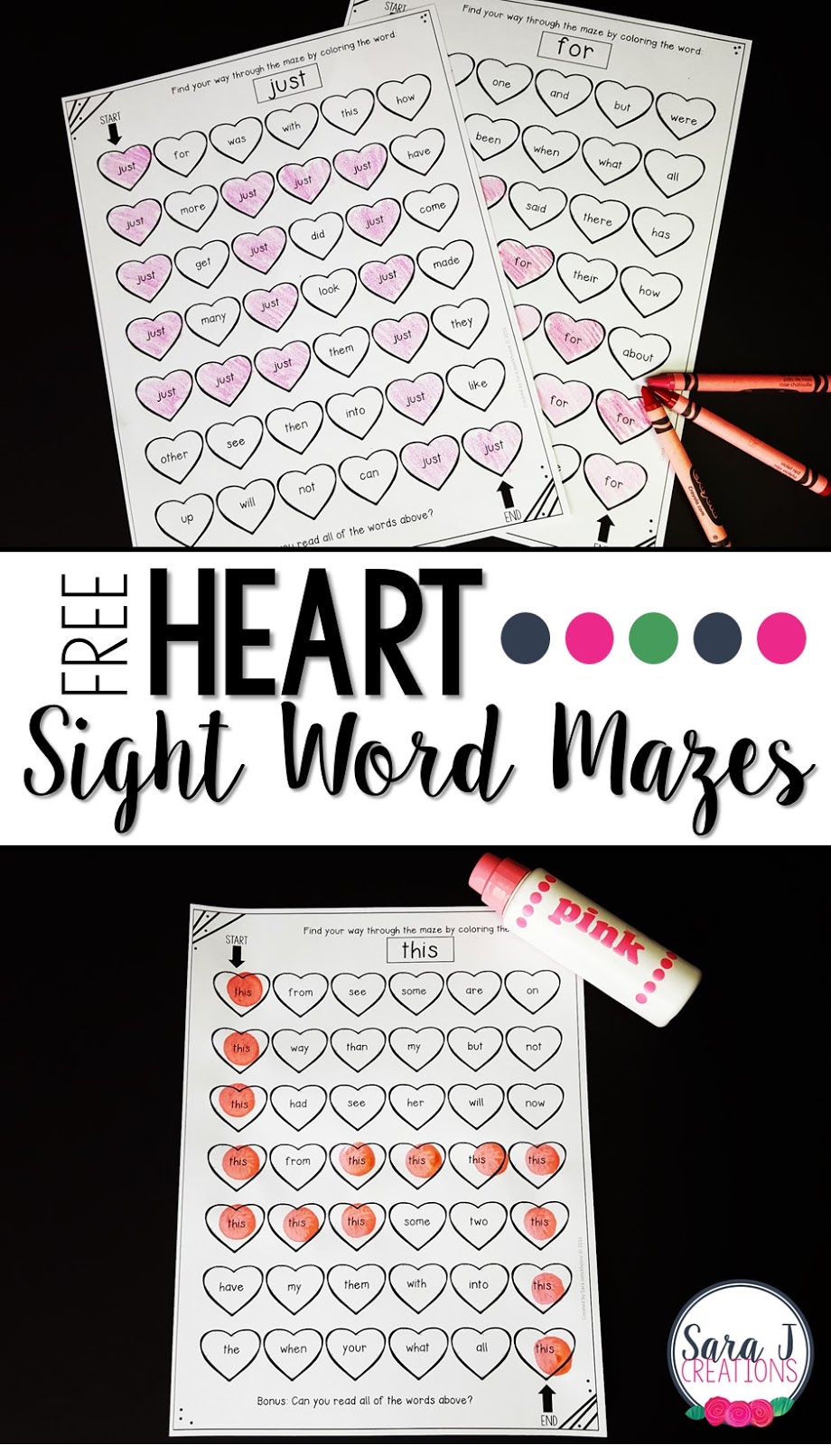 Free Heart Sight Word Mazes | Sara J Creations