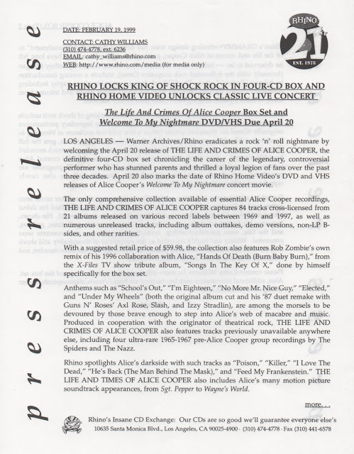 EvenSpot Speaks: 1999, The Life And Crimes of Alice Cooper, Press Kit