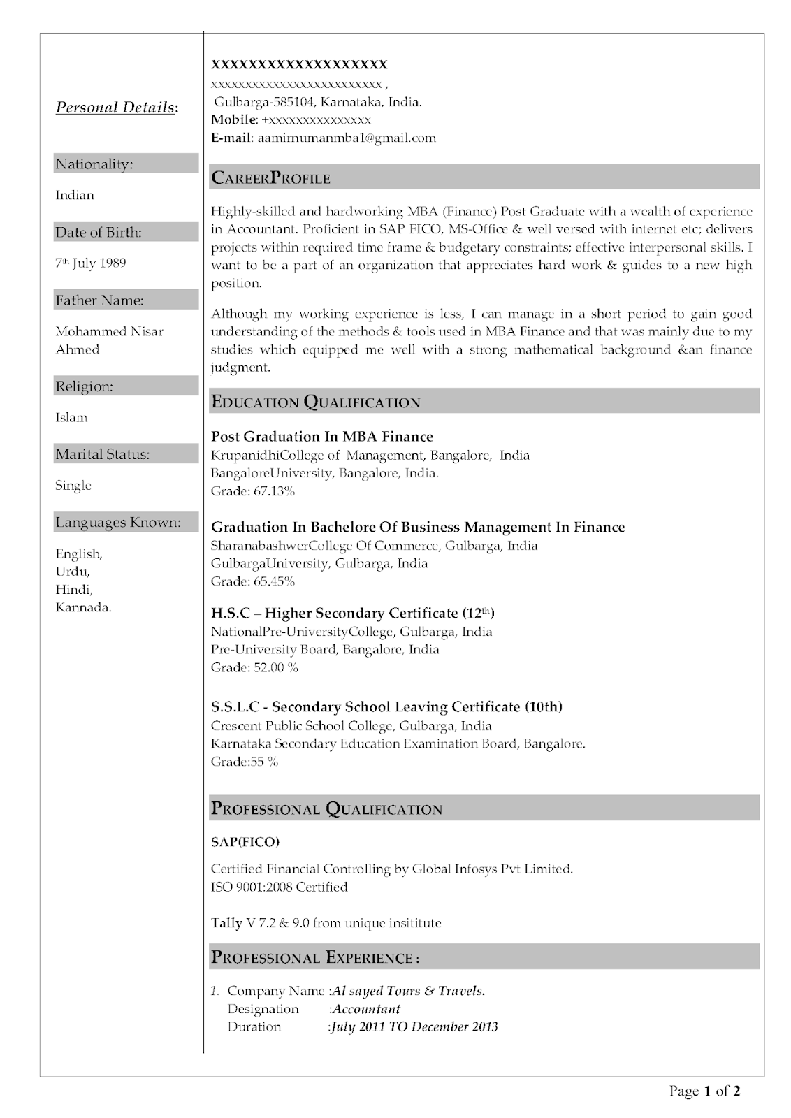 Free Resume/Biodata/C V Download: ACCOUNTANT FORMATS