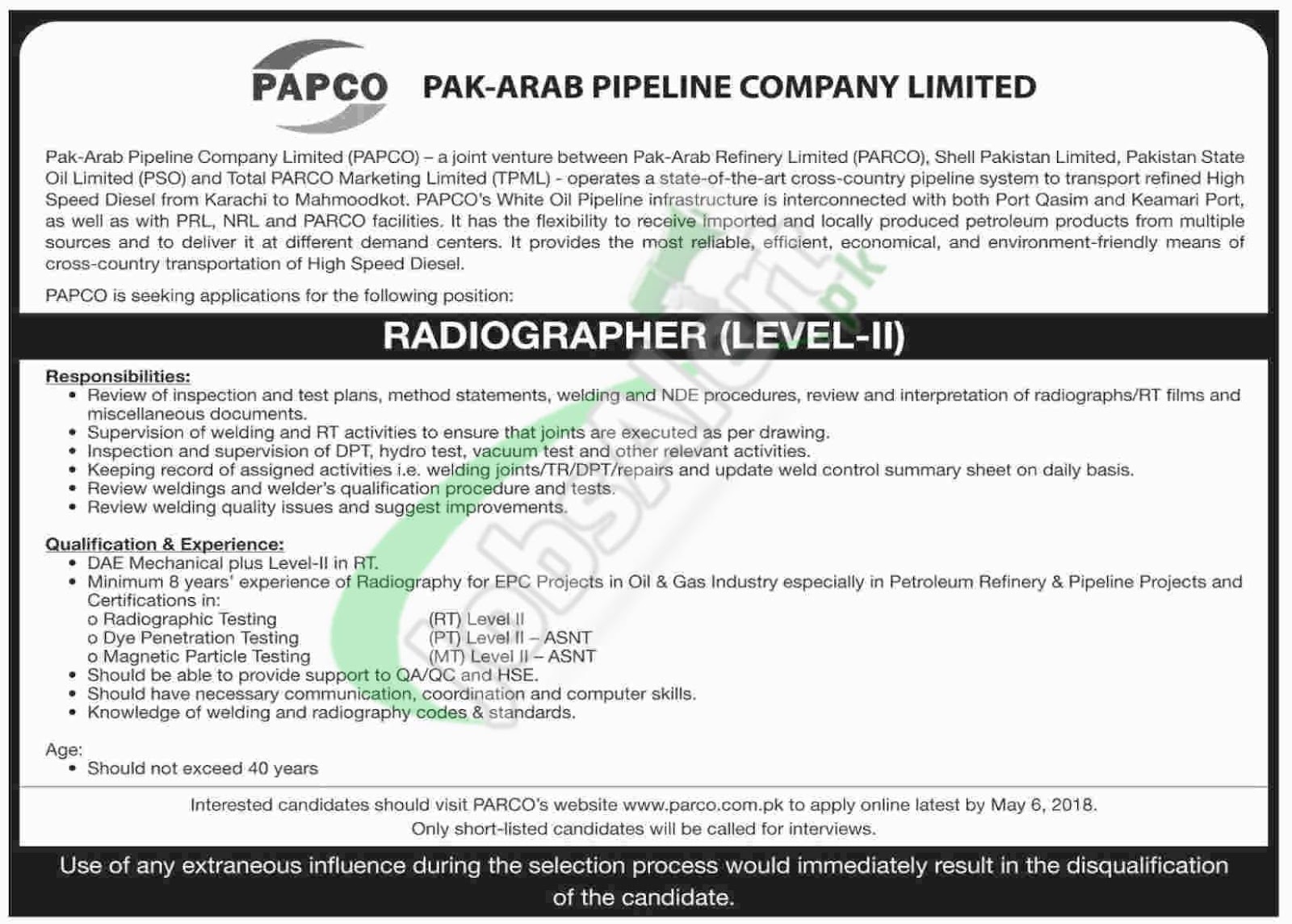 PARCO Pakistan Jobs 2018 Apply Online Last Date Advertisement