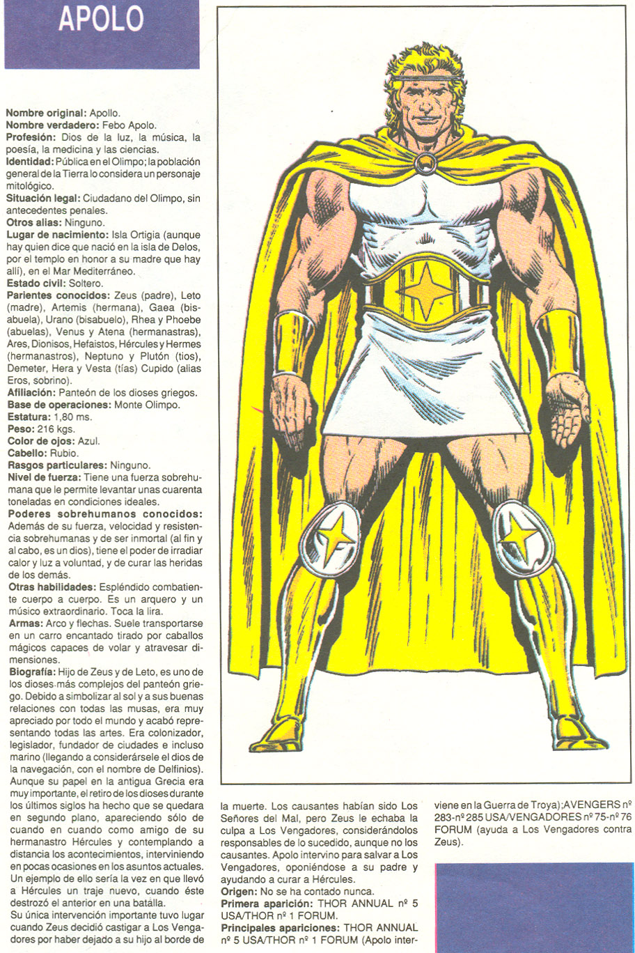 Fichas de Superheroes Marvel y DC: Apolo