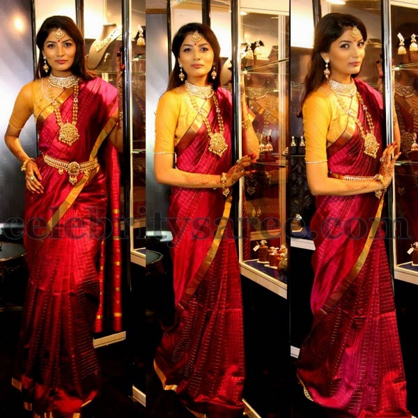 Model in Red Stripes Silk Saree - Saree Blouse Patterns