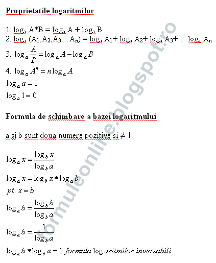 Proprietatile logaritmilor | formule online probleme si exercitii rezolvate