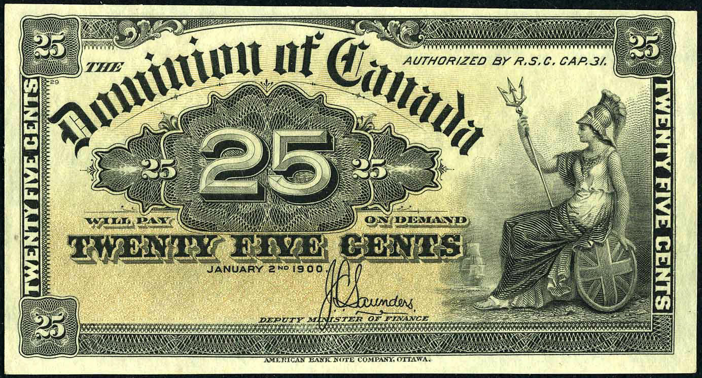 Dominion Of Canada 25 Cents Banknote 1900 Britannia World Banknotes dominion-of-canada-25-cents-banknote-1900-britannia-world-banknotes