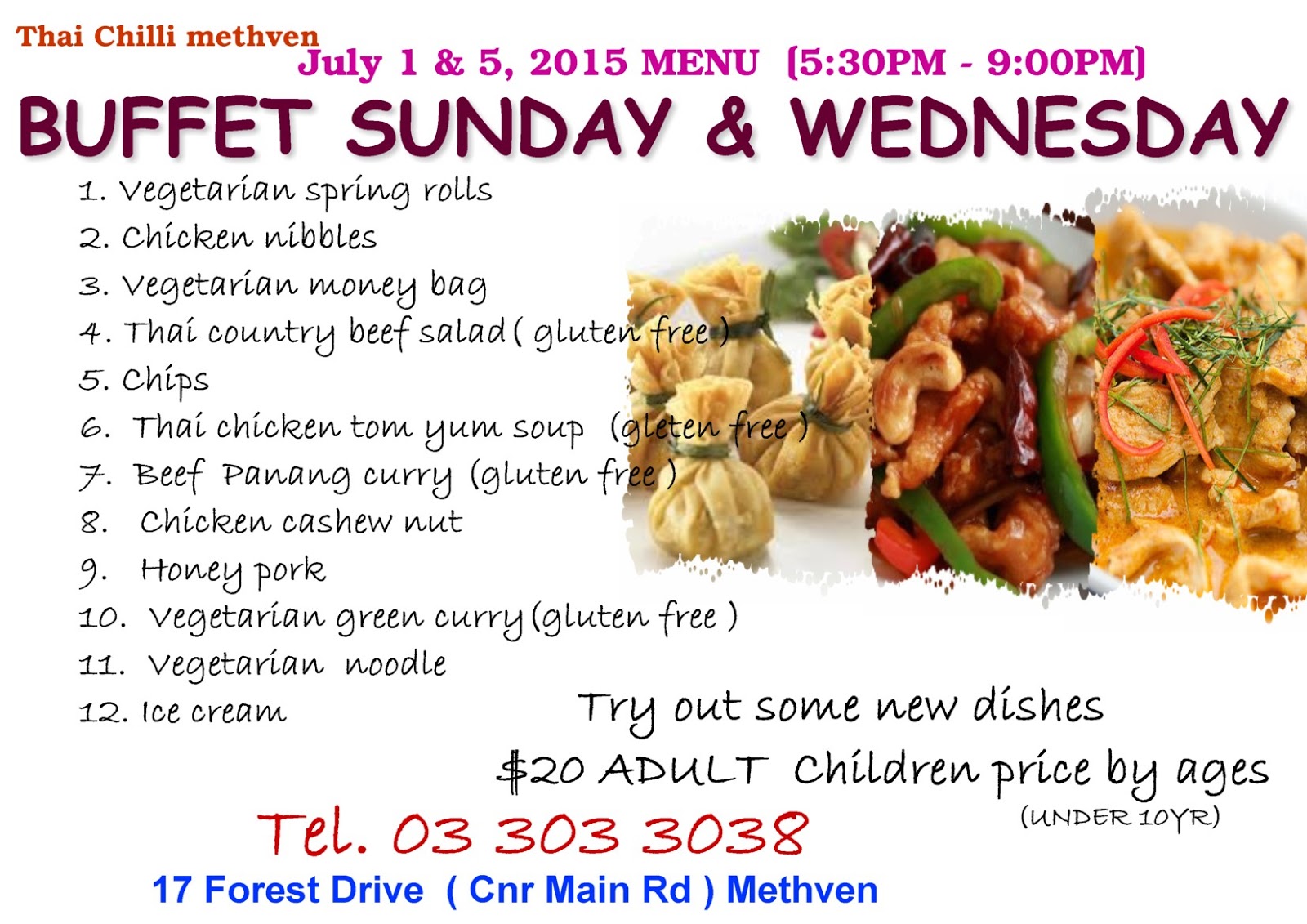 Thai Chilli Methven Restaurant: buffet July 1,2015 menu