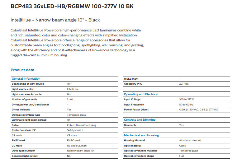 PHILIPS - ColorBlast G4 Intellihue - BCP483 36xLED-HB/RGBMW 100-277V 10 ...