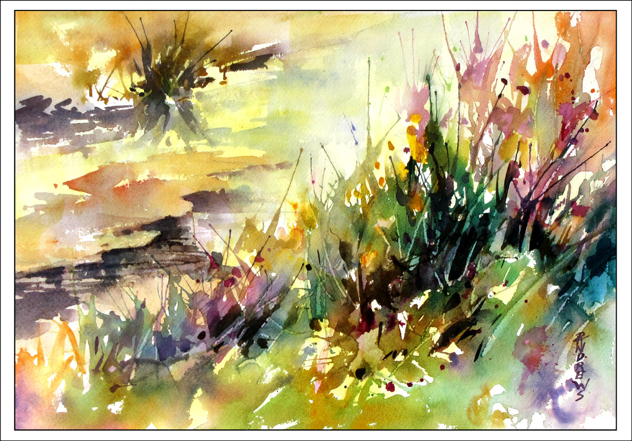Rae Andrews : Sun Kissed Stream..Watercolor Landscape...Texas Artist ...