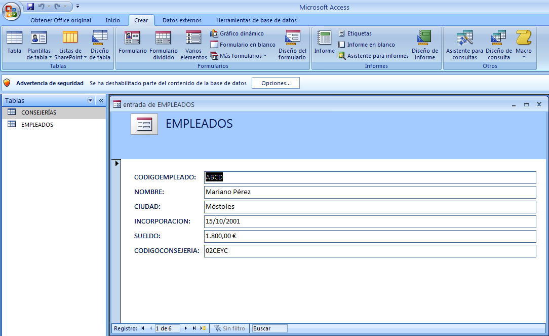 Ofimaticalpunto: Creando un formulario en la base de datos trabajo.mdb