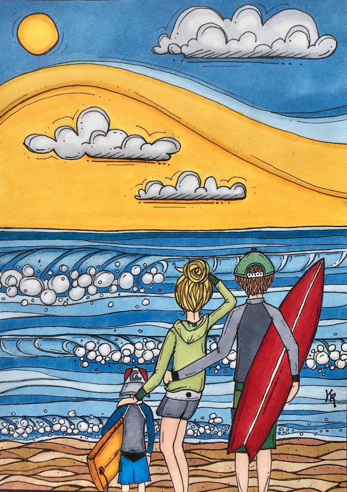 My Favorite Escape: "Family Surf Day," Pen and Marker Drawing