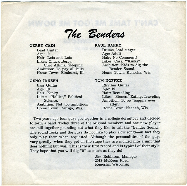 Down The Line: THE BENDERS - CAN'T TAME ME original or bootleg?