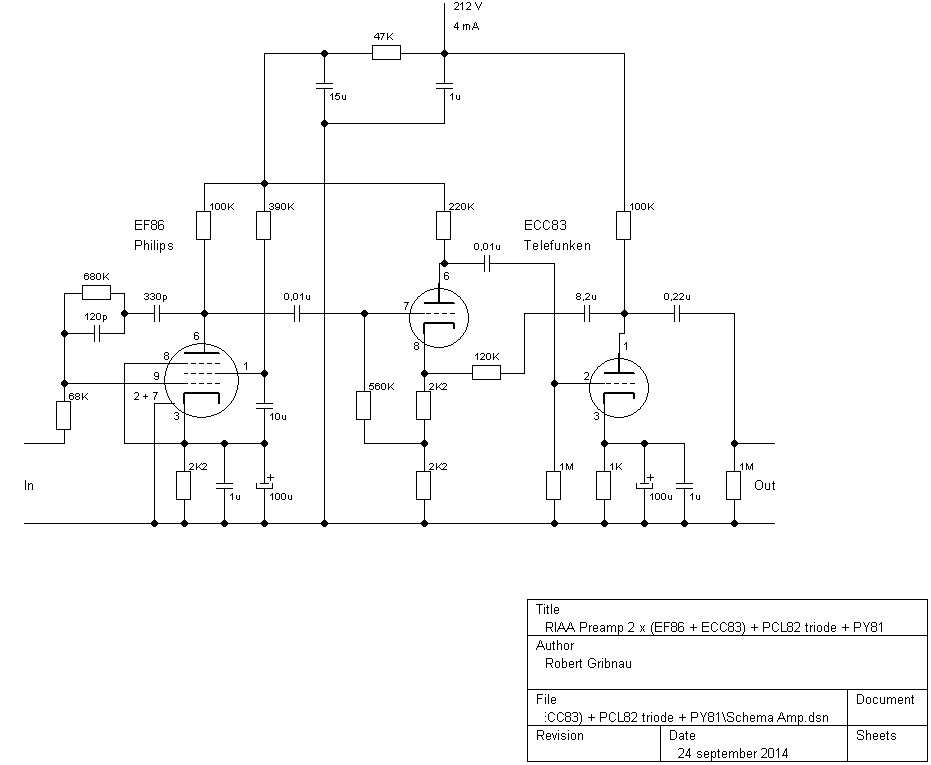 OTL800: Phono RIAA Voorversterker 2 x (EF86 + ECC83) + PY81 + PCL82 ...