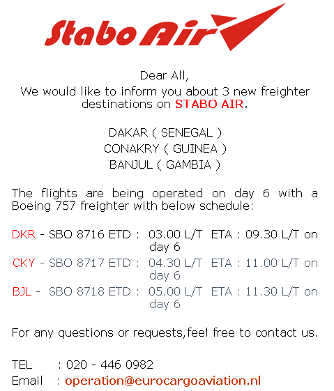 The African Aviation Tribune •: GUINEA: Zambia's Stabo Air starts 1x ...