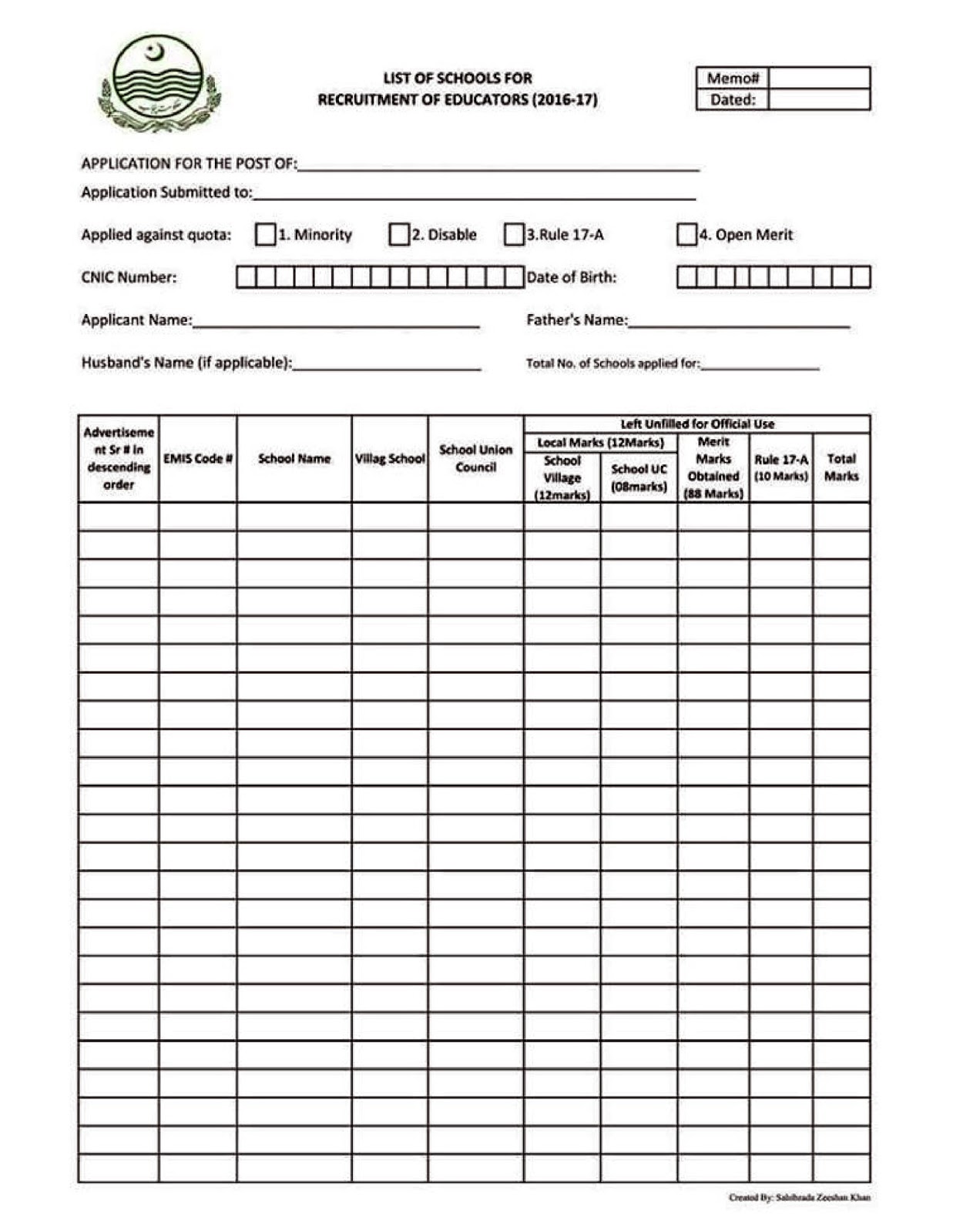Application Form For Educators 2016-17 ~ Jobs Advertisement