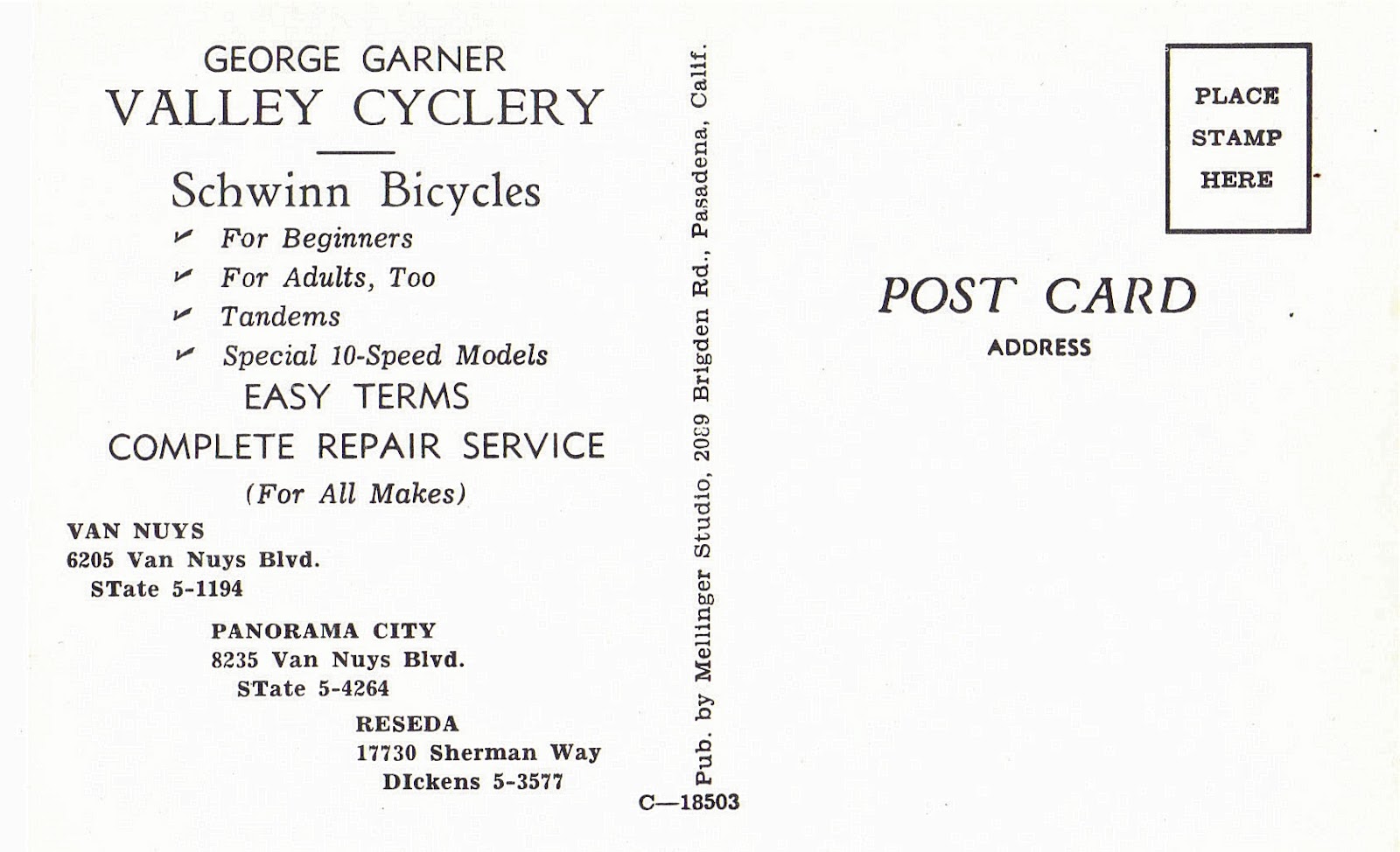 George Garner Valley Cyclery Postcard in Reseda | San Fernando Valley Blog