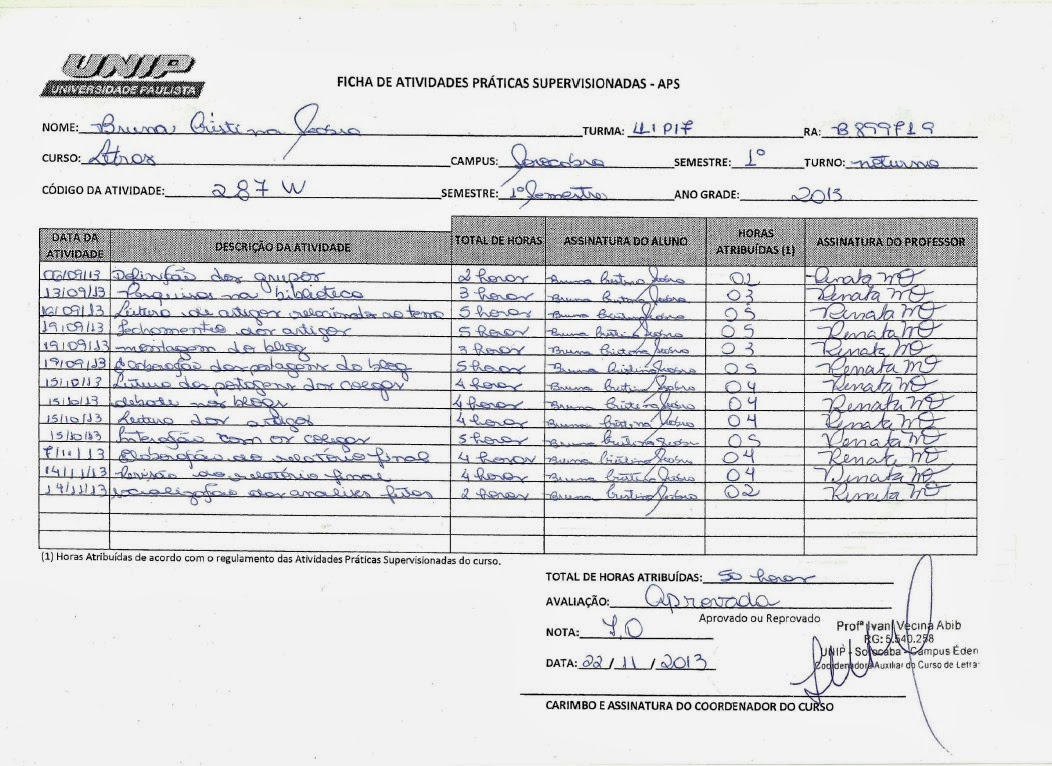 Info Letras: Ficha de Atividades Práticas Supervisionadas - APS